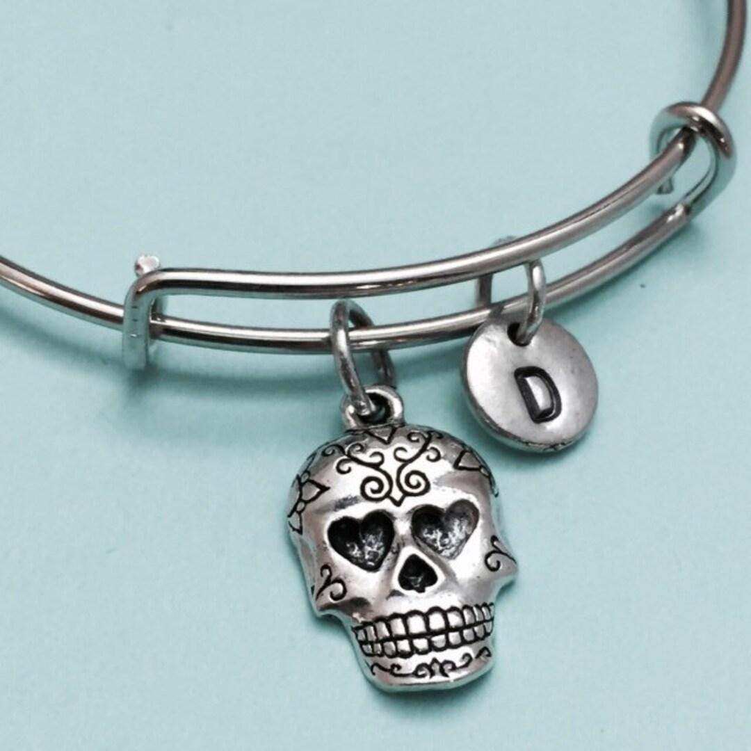 Sugar Skull Bangle, Sugar Skull Charm Bracelet, Expandable Bangle ...