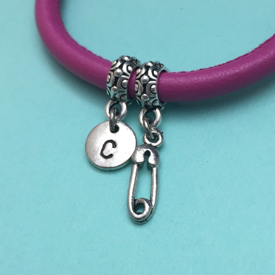 Safety Pin Leather Bracelet, Safety Pin Charm Bracelet, Leather Bangle ...