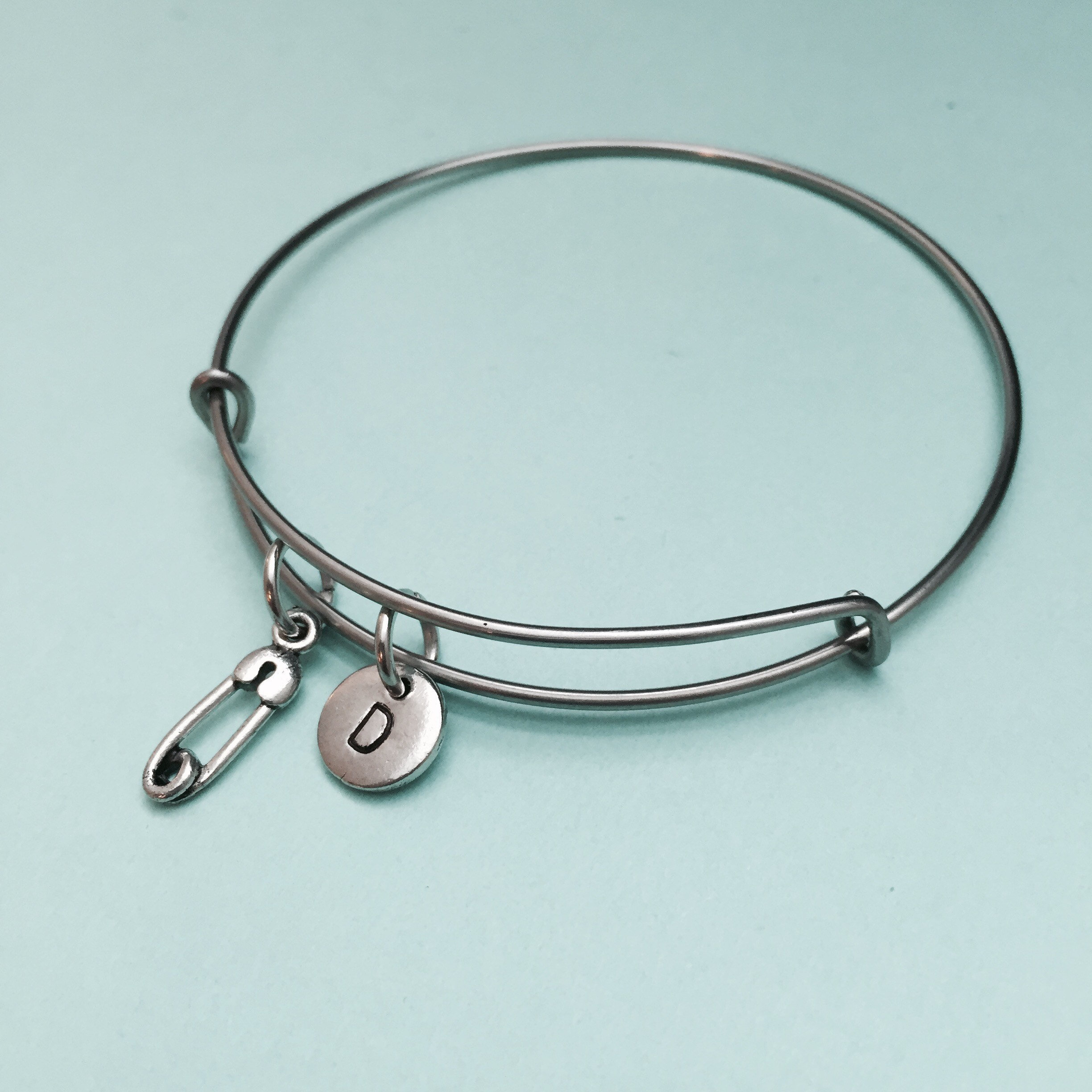 Safety Pin Bangle, Safety Pin Charm Bracelet, Expandable Bangle, Charm ...