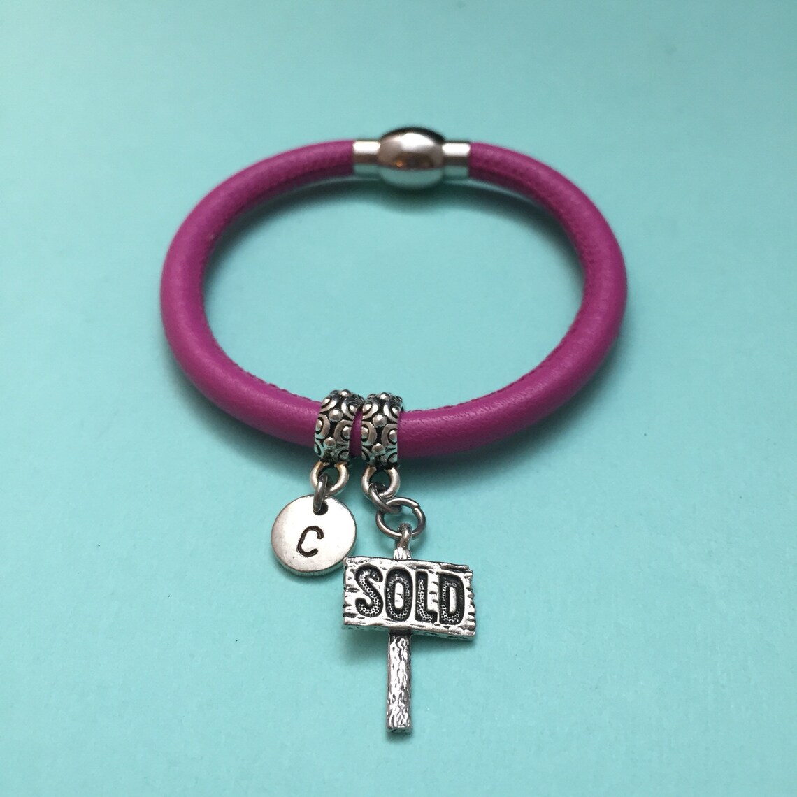 Sold Sign Leather Bracelet, Sold Sign Charm Bracelet, Leather Bangle ...