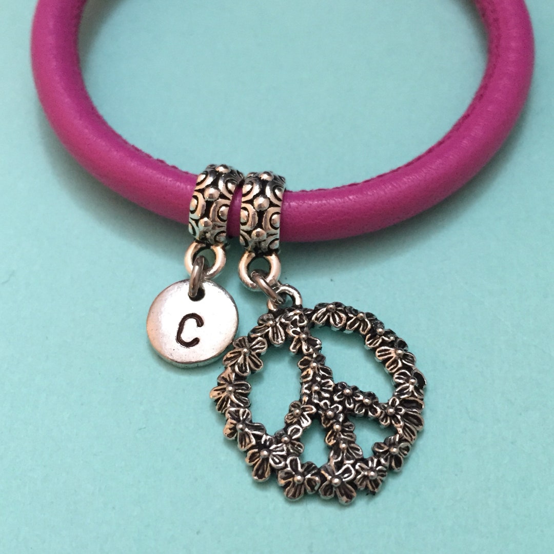 Peace Sign Leather Bracelet, Peace Sign Charm Bracelet, Leather Bangle ...