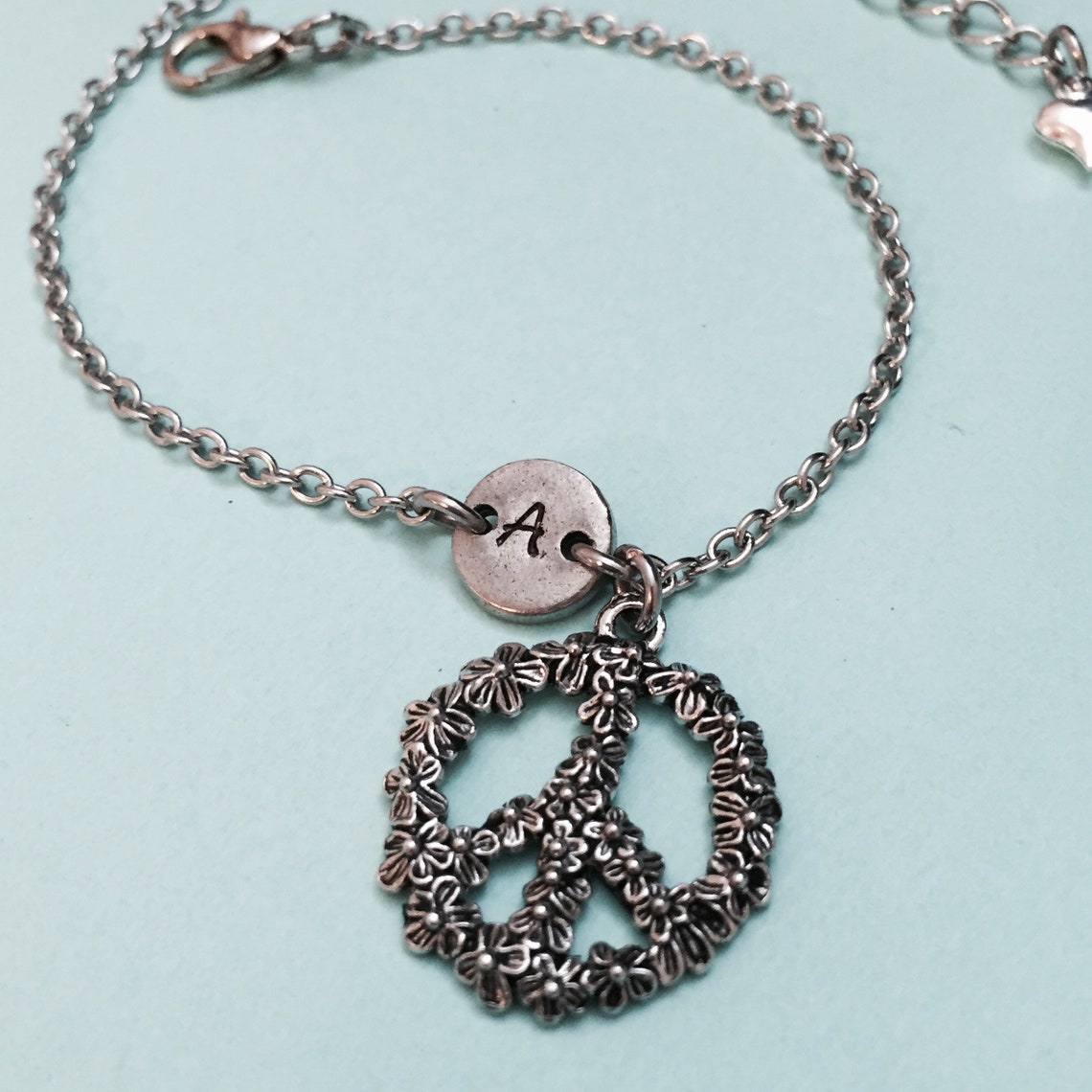 Peace Sign Charm Bracelet, Peace Sign Charm, Adjustable Bracelet, Charm ...