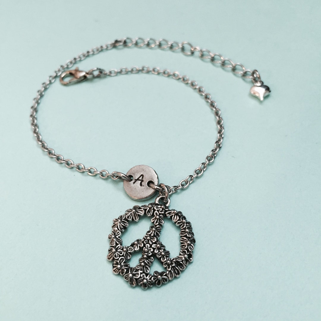 Peace Sign Charm Bracelet, Peace Sign Charm, Adjustable Bracelet, Charm ...