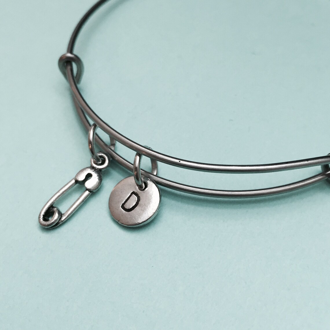 Safety Pin Bangle, Safety Pin Charm Bracelet, Expandable Bangle, Charm ...