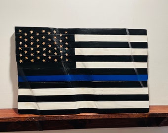 Thin Blue Line Retirement Subdued American Wooden Flag, First Responder ...