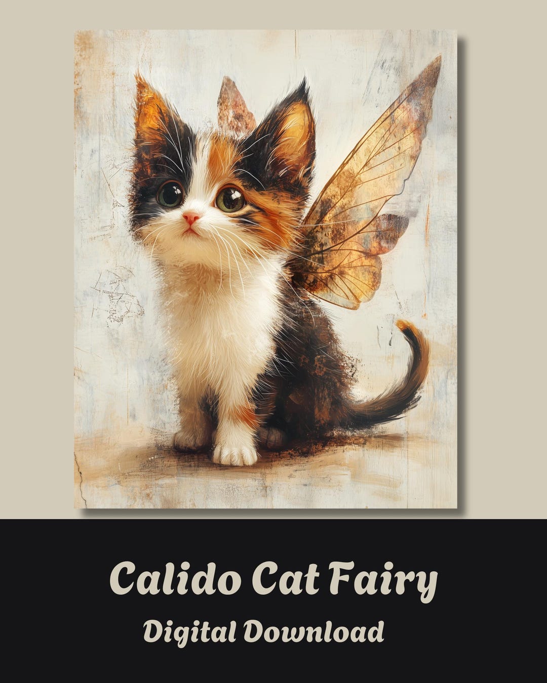 Adorable Calico Cat Art Printable, Calico Fairy Cat, Whimsical Cat Art ...