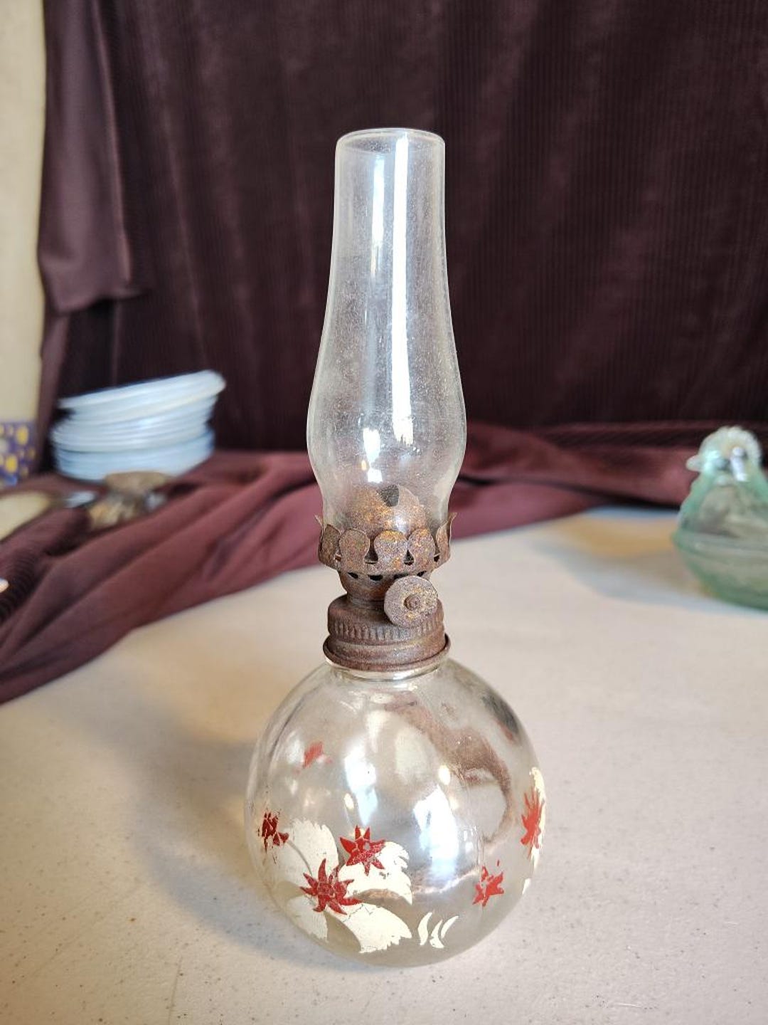 Vintage Hand Painted Miniature Glass Oil Lamp in Floral - Etsy