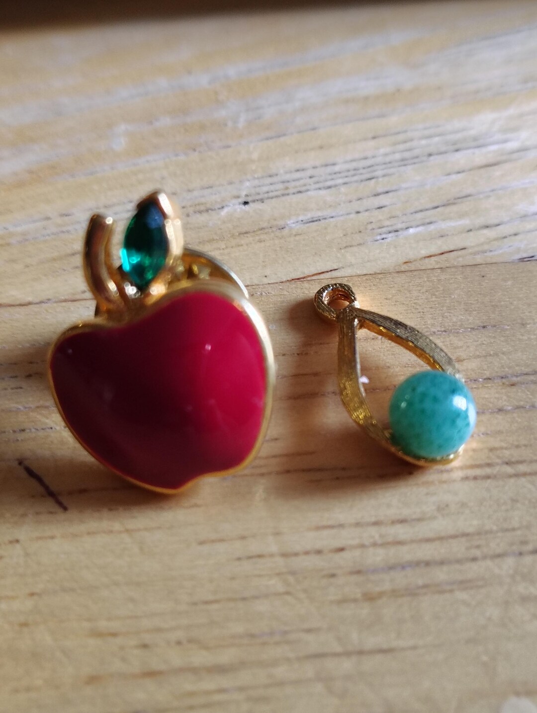 Enamel Apple Lapel Pin Gold Tone and Gold Tone Little Pendant With ...