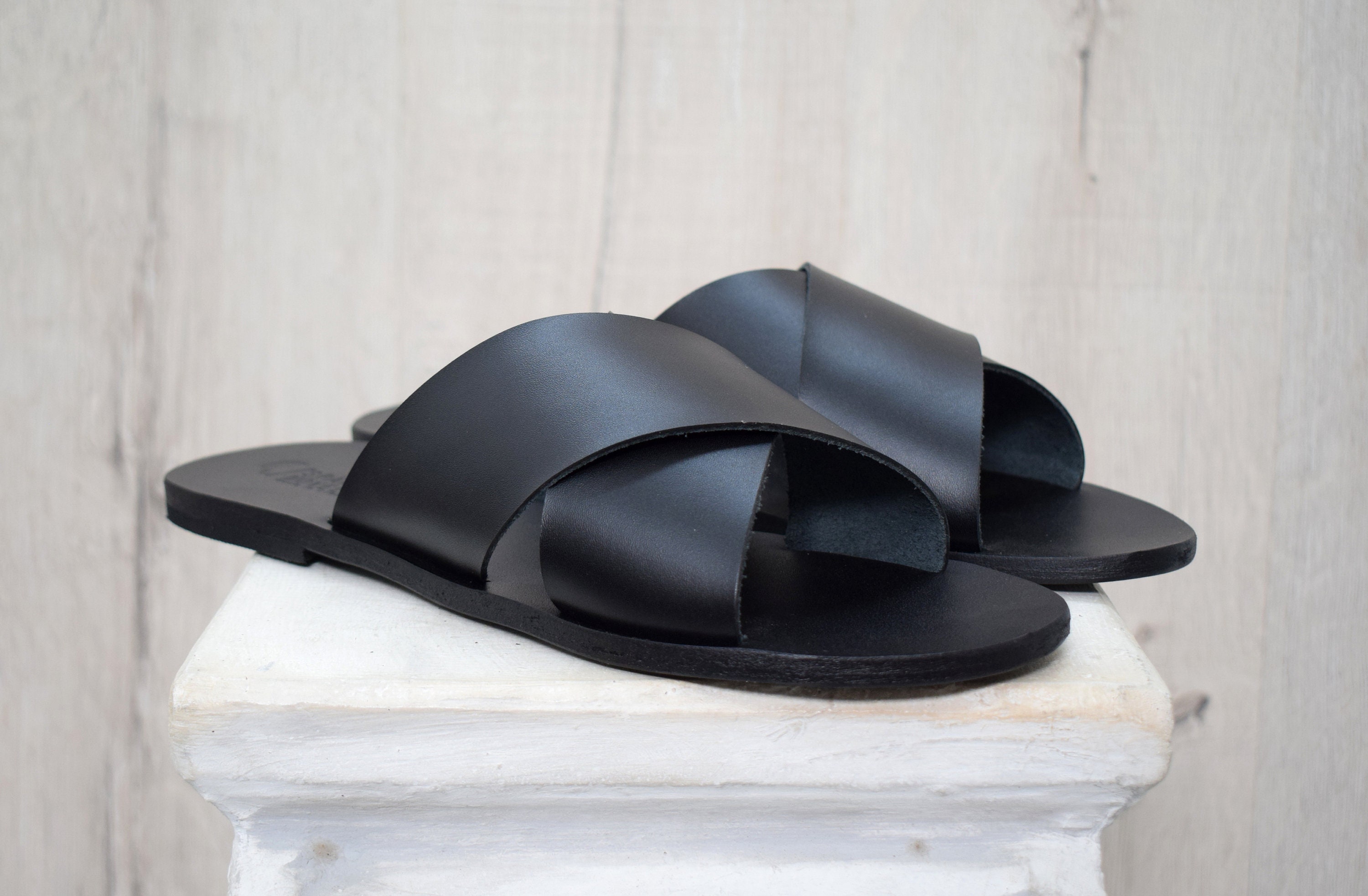 Slides Greek Leather Sandals - Slipers Men, Slide Black, Tan/natural ...