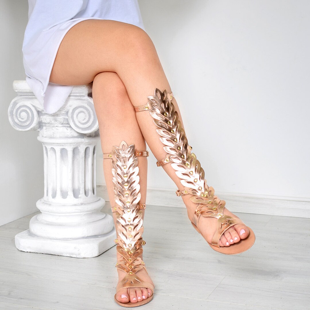Women's Flat Gladiators Sandals in Rose Gold Leather Handmade for a ...