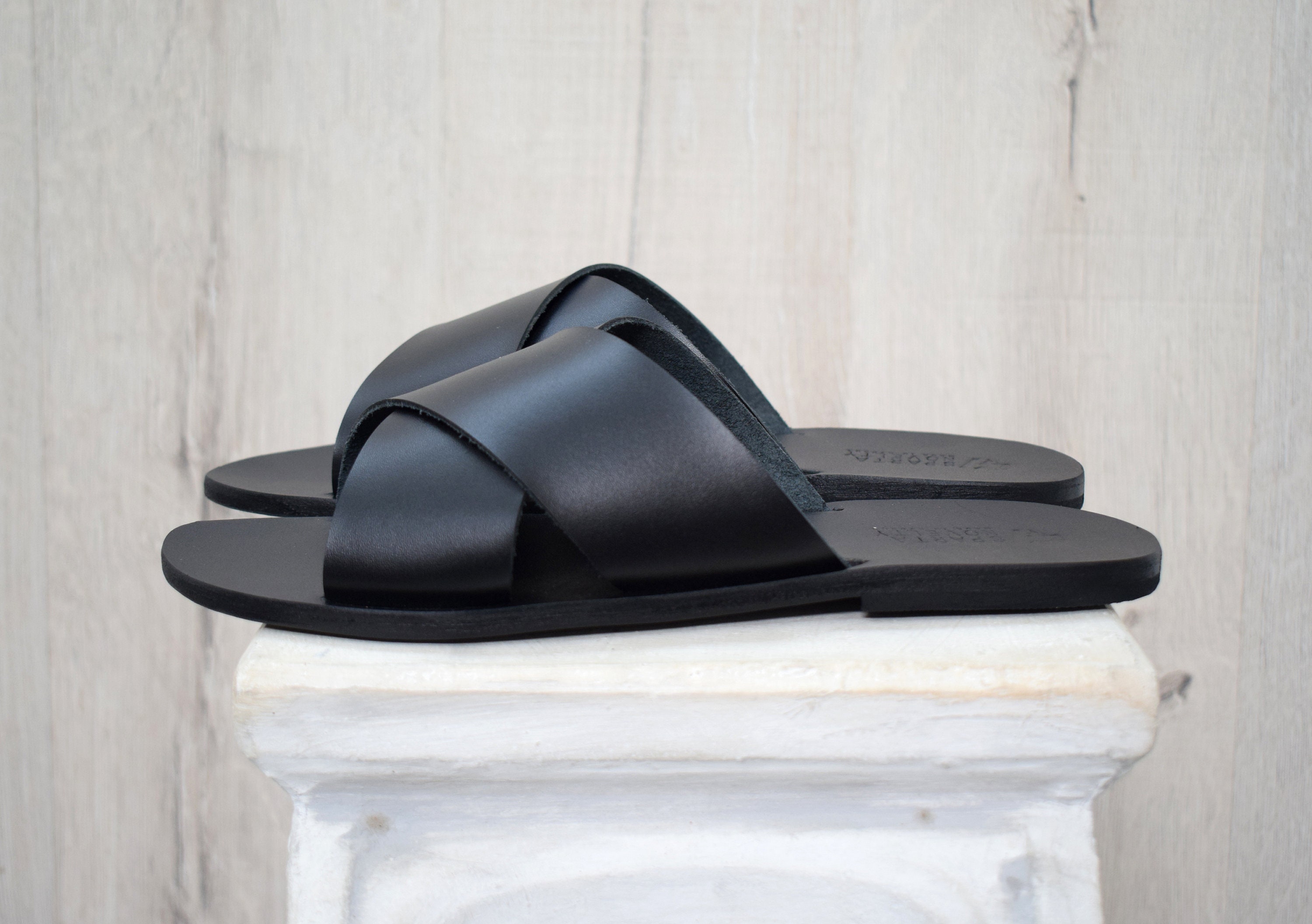 Slides Greek Leather Sandals - Slipers Men, Slide Black, Tan/natural ...