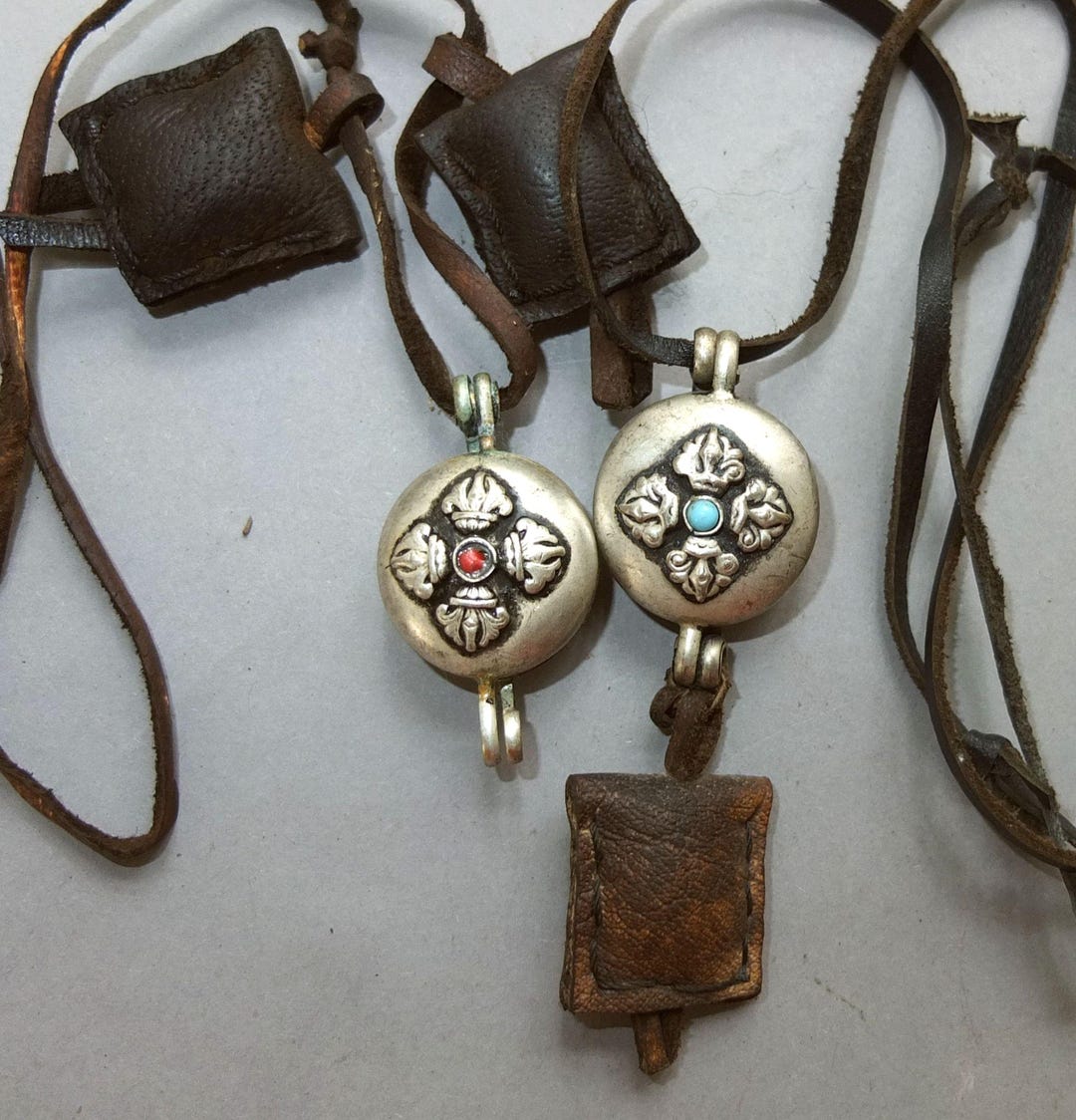 Two Tibetan Metal Amulets With Double Dorje and Kalachakra Mantra ...
