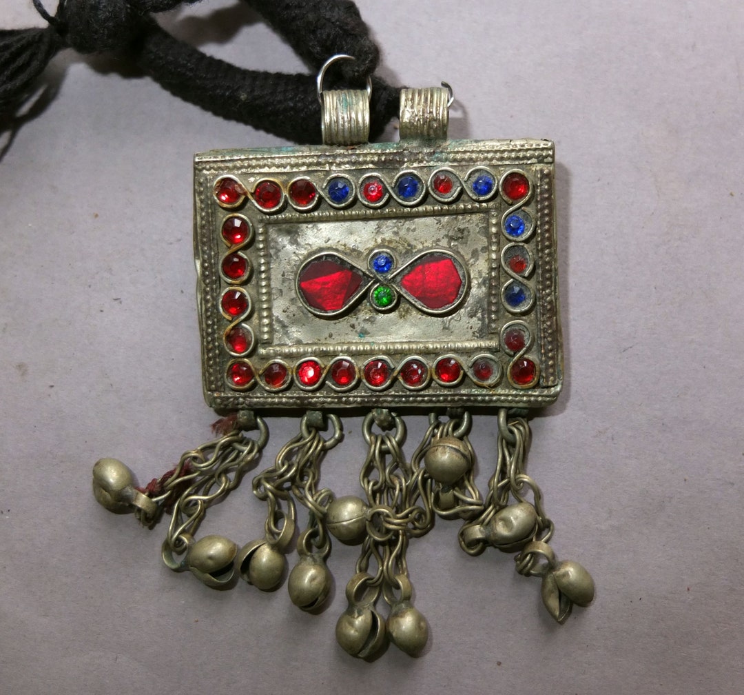 Used Nepalese Metal Amulet Box Decorated With Glass Beads, Buddhist ...