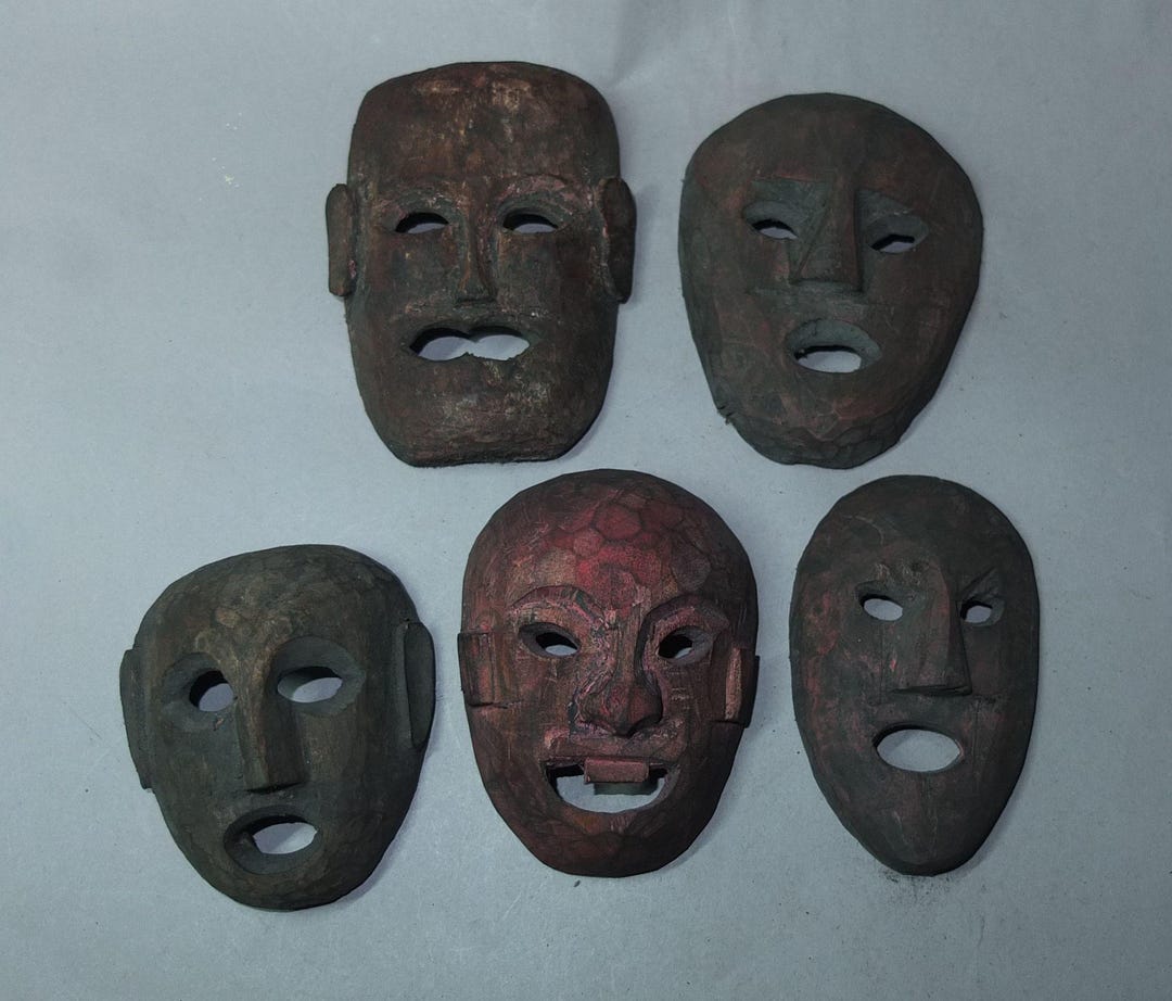 FIVE Small Hand Carved Wooden Amulets Masks From West Nepal, Folk Mask ...
