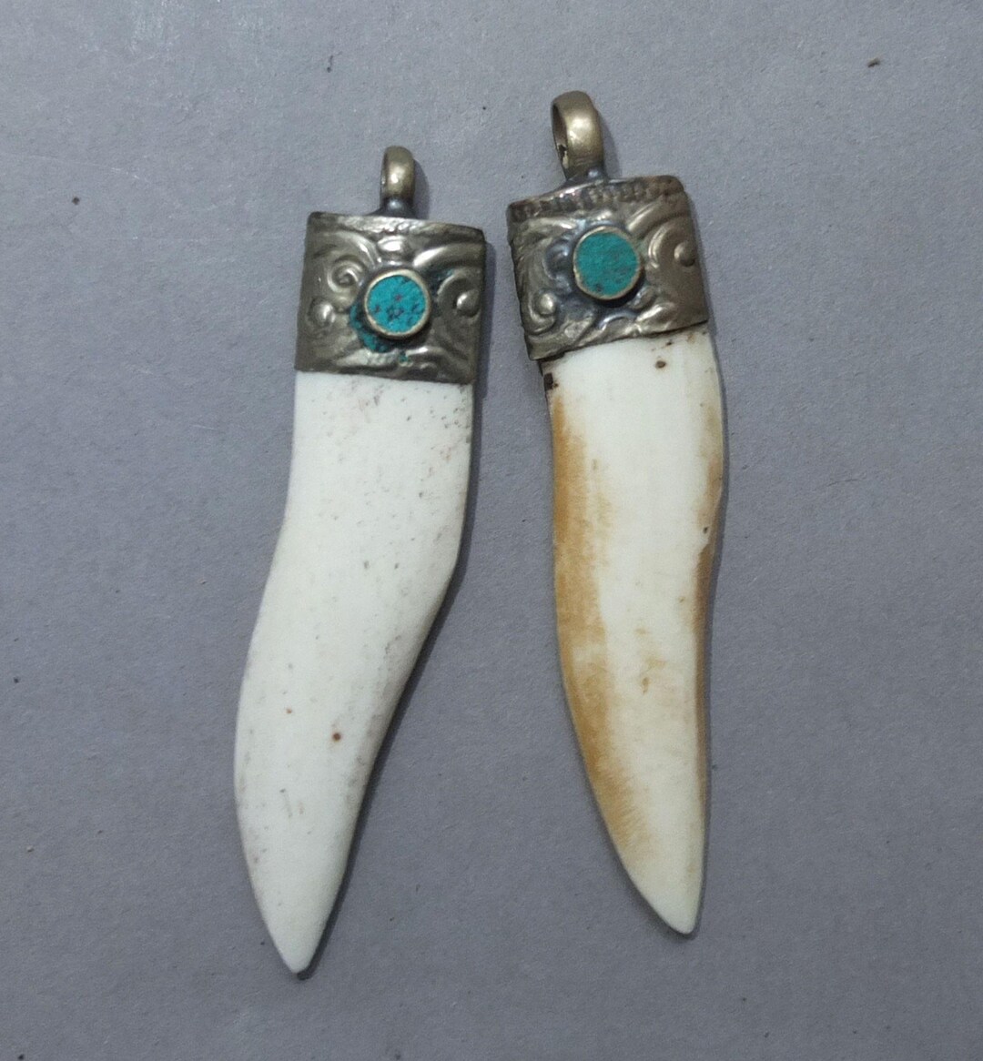 Two Metal Mounted Bone Amulets Pendants, Folk Art Asia Tibet, FREE ...