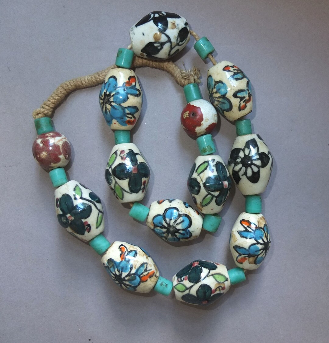Heavy Necklace Strand Large Ceramic and Blue Glass Beads From Nepal ...
