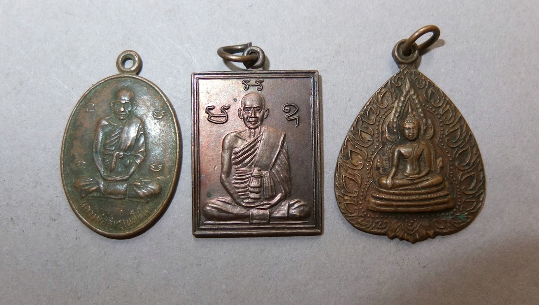 Three Buddhist Copper Amulets Pendants From Thailand, Ethnic Jewelry ...