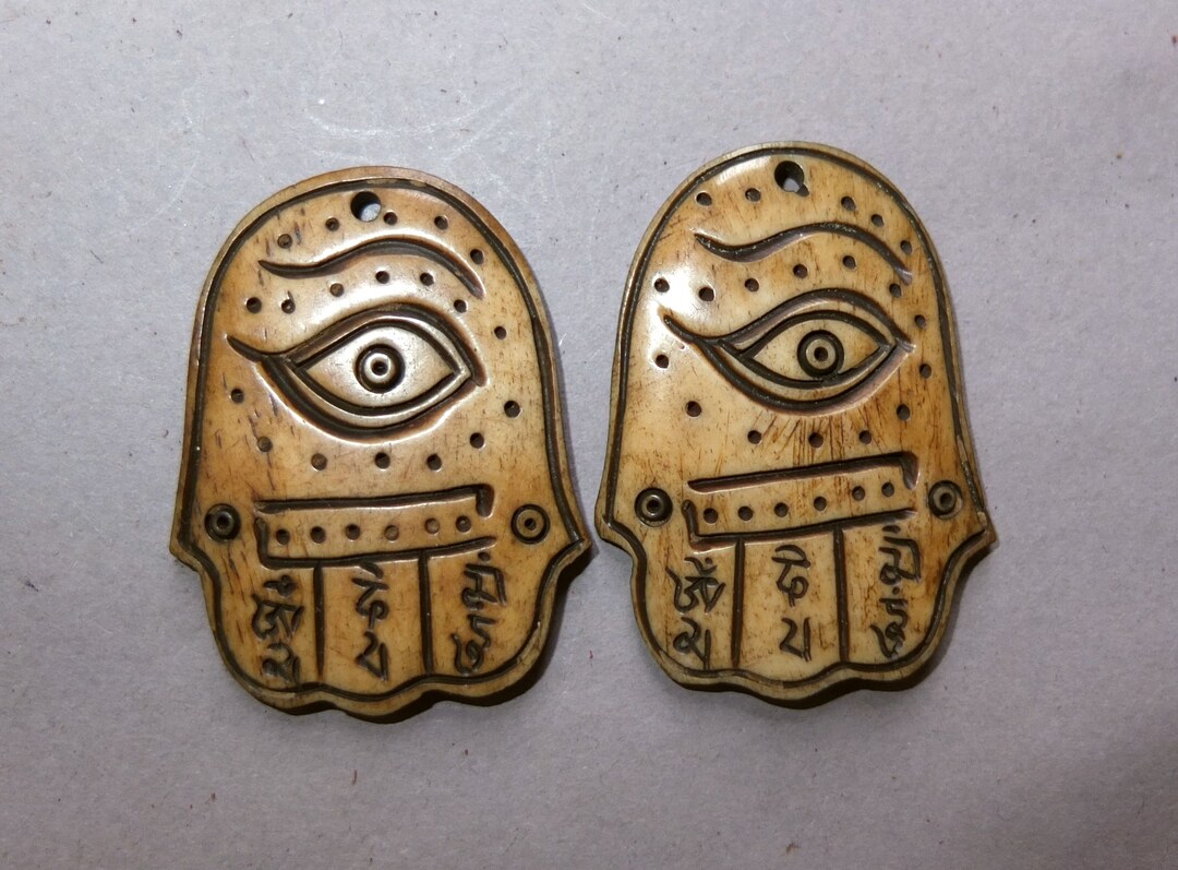 Two Hand Shaped Bone Pendants Amulets With Buddhas Eye From Nepal ...