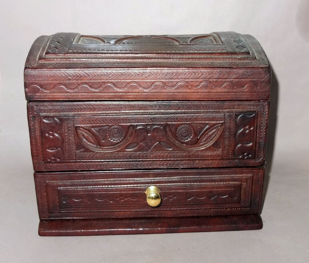 Indian Wooden Jewelry Box Covered With Embossed Leather, Tribal ...