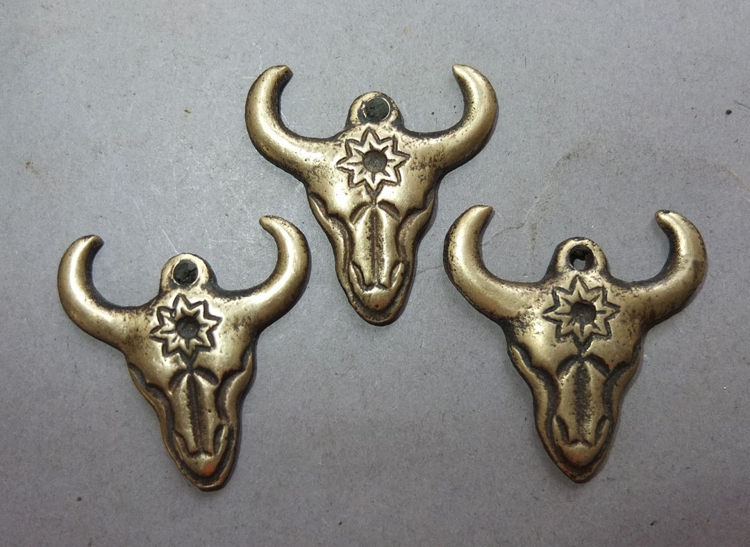 Three Brass Bull Head Amulets Pendants, Buddhist Folk Jewelry, FREE ...