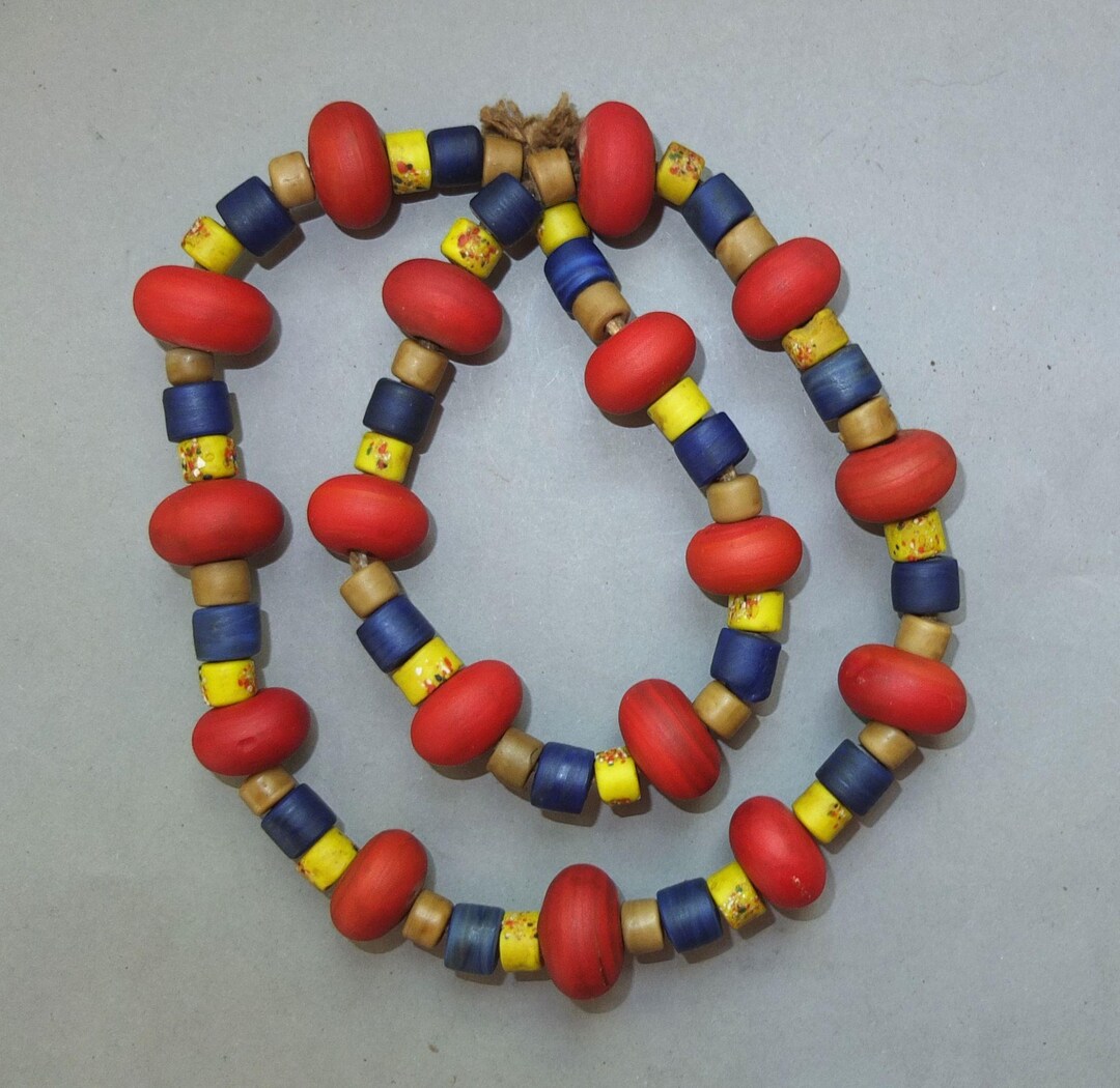 Necklace With Different Old Red Yellow Speckled and Blue Glass Beads ...