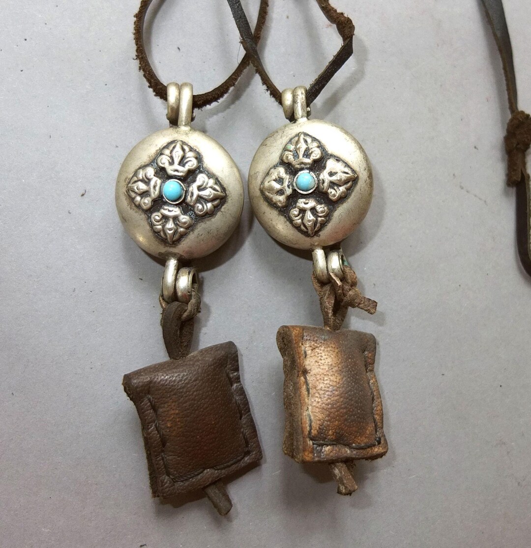 Two Tibetan Metal Amulets With Double Dorje and Kalachakra Mantra ...