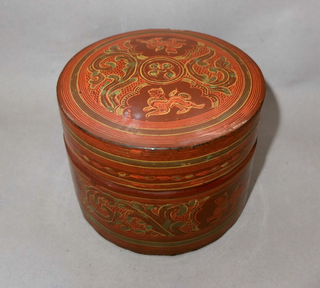 Old Lacquer Box With Peacock Decoration From Burma, Burmese Pan Yun Art ...