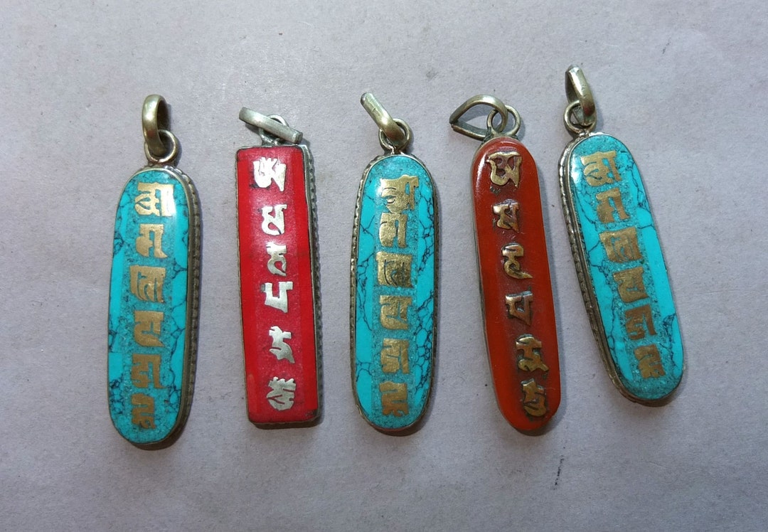 Five Longish Handmade Glass Pendants With Metal Mounting and Holy ...