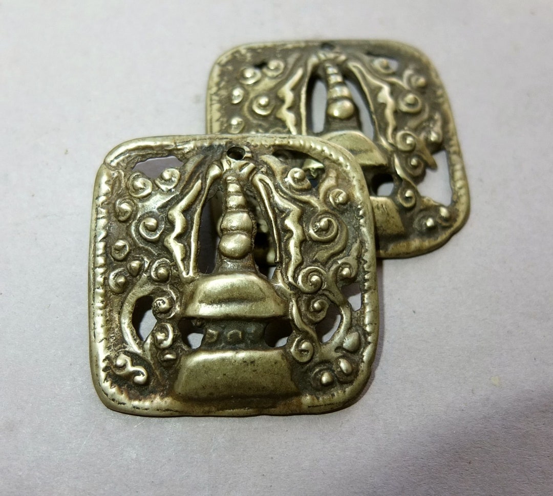 Two Buddhist Brass Protector Amulets Stupa Pendants From Nepal, Ethnic ...