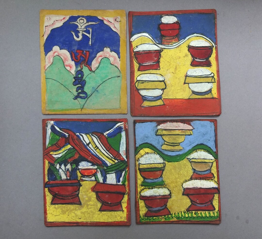 Four Old Tibetan Tsakli Paintings on Canvas With Ritual Symbols ...