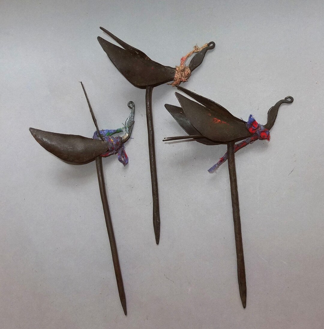 Three Iron Ritual Sticks With Bird on Top From Nepal, Hinduist Folk Art ...
