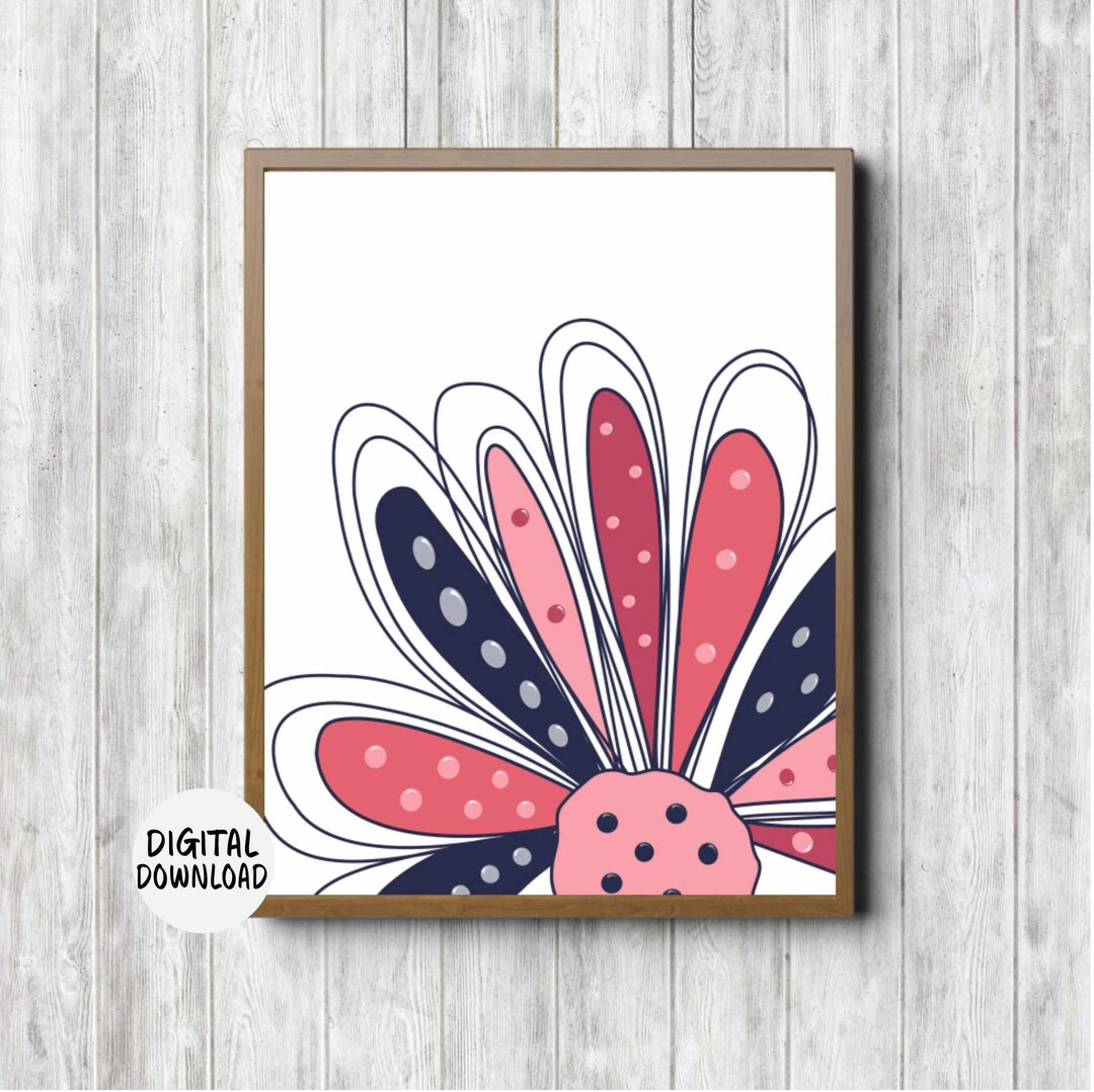 Navy & Pink Whimsical Flower Printable Wall Art - Hand Drawn Floral ...