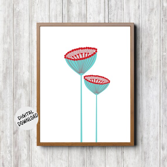 Flowers Printable Wall Art Red & Turquoise Kitchen Decor - Etsy