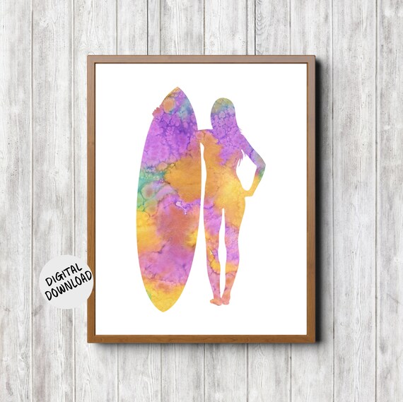 Surfer Girl With Surfboard Printable Wall Art Watercolor - Etsy