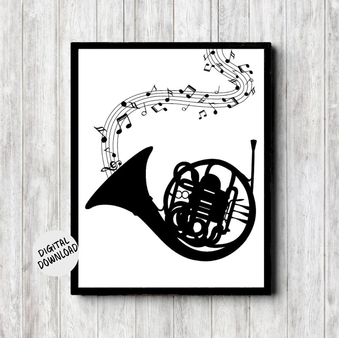 French Horn With Music Notes Printable Art Poster - Music Instrument ...