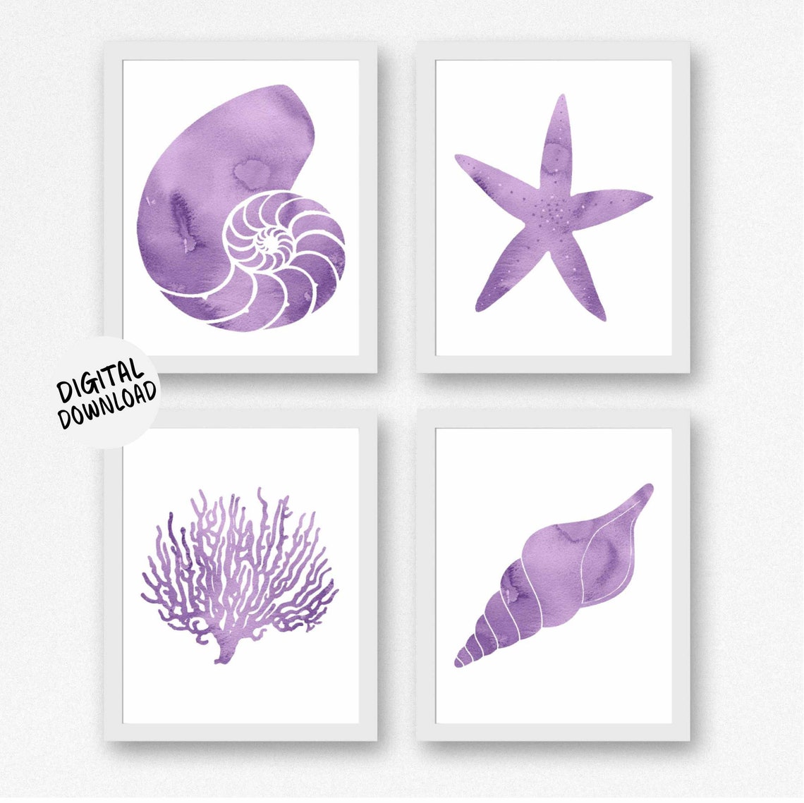 Set of 4 Beach Theme Prints Printable Purple Watercolor - Etsy
