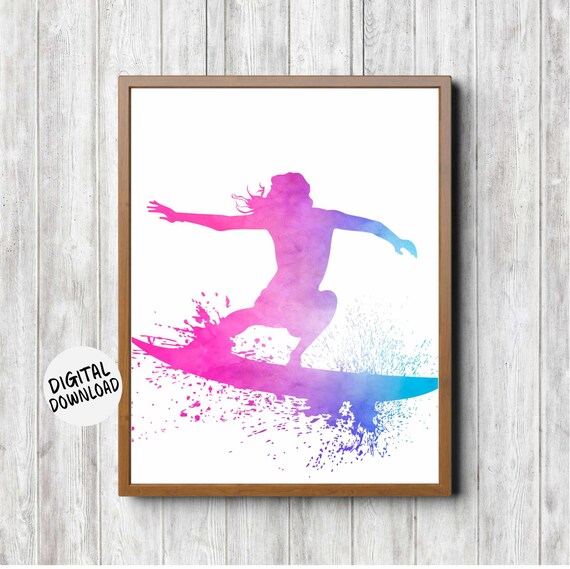 Female Surfer Watercolor Printable Wall Art Surfer Girl Teen - Etsy