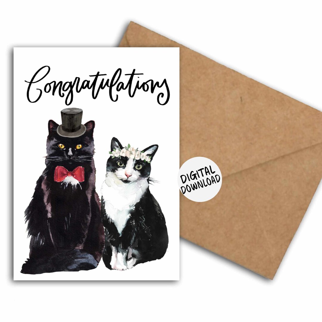 Printable Quirky Cats Wedding Card Congratulations - Bride & Groom ...