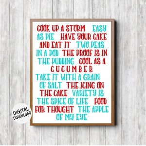 Food Sayings / Idioms Printable Kitchen Wall Art - Restaurant Decor ...