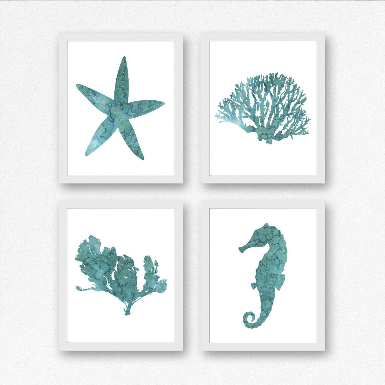 Sea Life Set Of 4 Prints Printable Watercolor Seahorse | Etsy