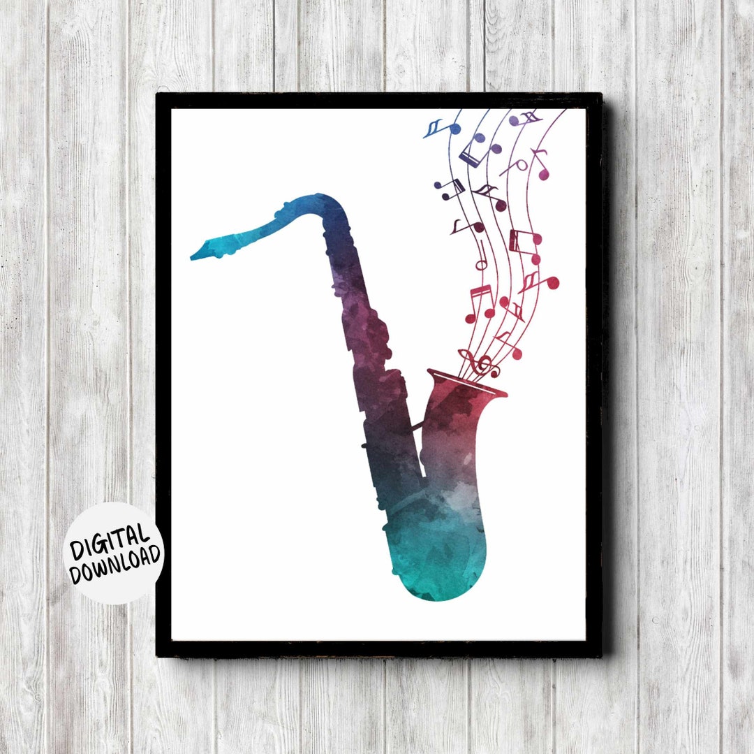 Printable Watercolor Saxophone Art Gift - Tenor Sax With Music Notes ...