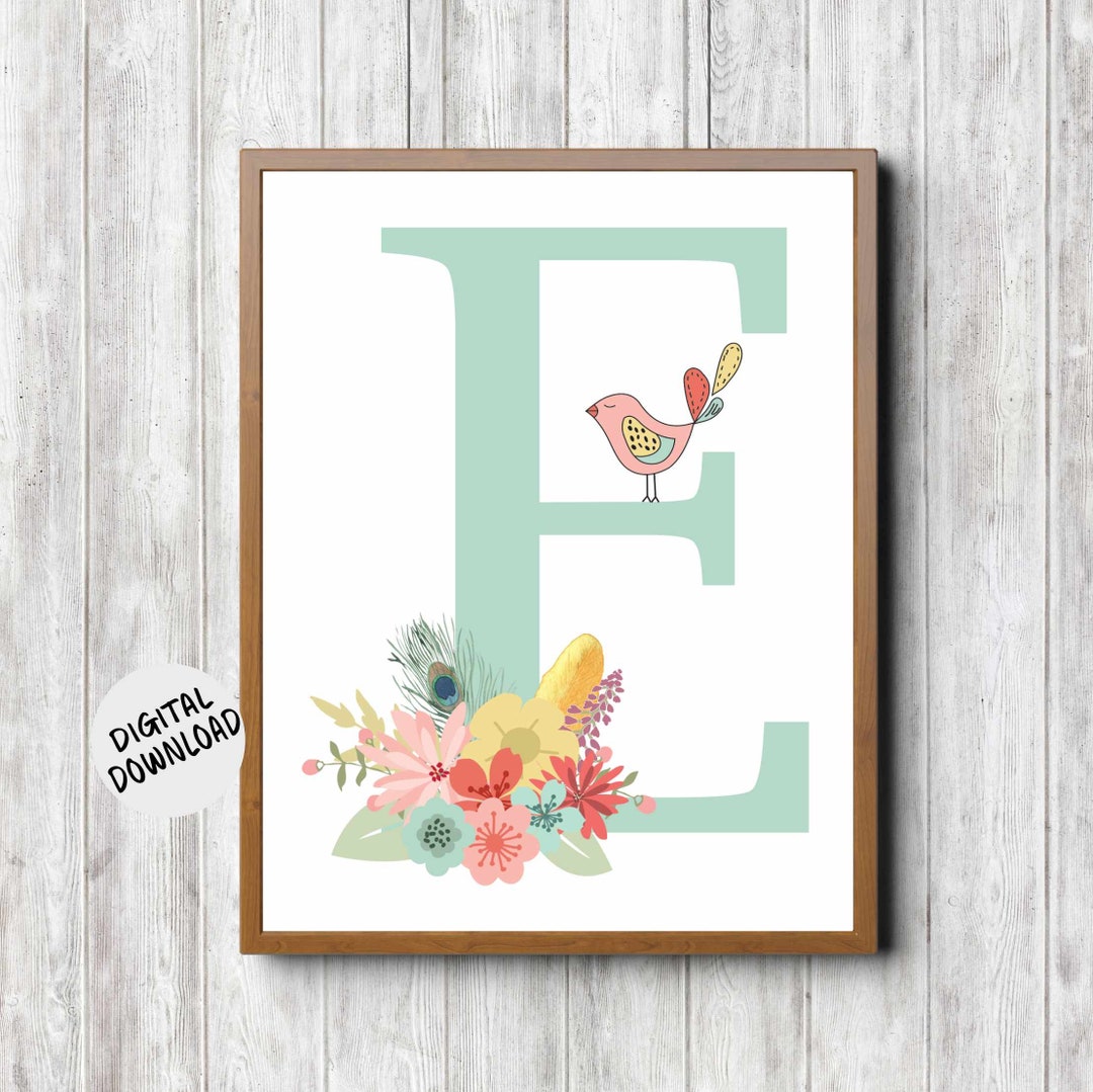 E Floral Monogram Nursery/ Girls Room Printable Wall Art Flowers & Bird ...