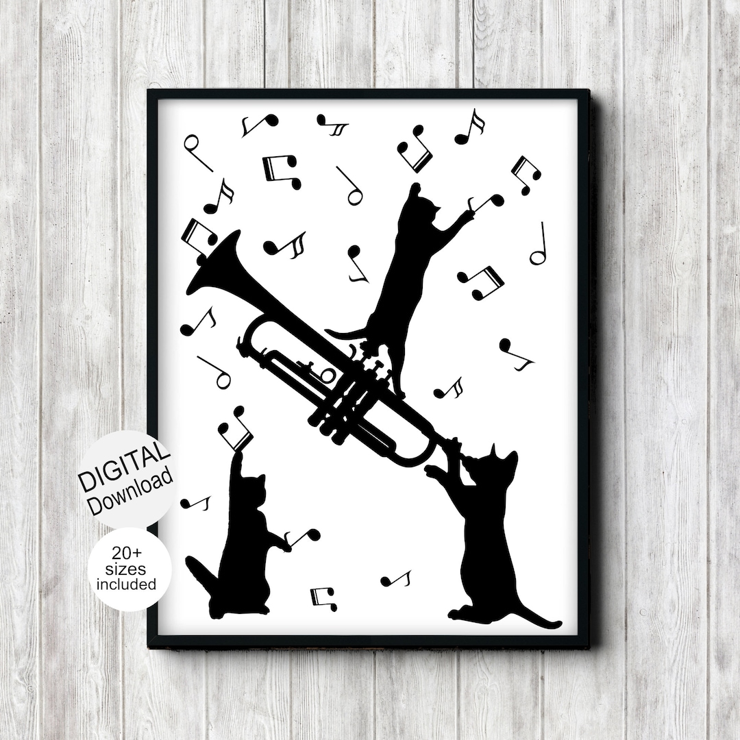 Cats Playing A Trumpet With Music Notes Printable Wall Art, Quirky Wall ...
