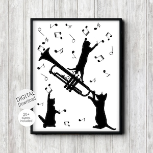Cats Playing A Trumpet With Music Notes Printable Wall Art, Quirky Wall ...