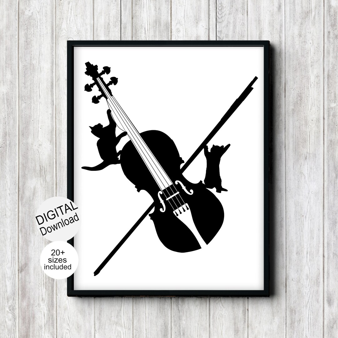 Printable Music Studio Art of 2 Cats Playing A Violin, Musician Teen ...