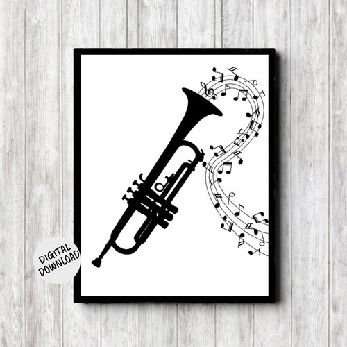 Printable Watercolor Trumpet & Music Notes Wall Art Gift for - Etsy