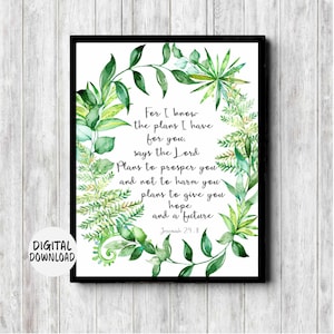 Printable Jeremiah 29 :11 Bible Verse - Green Leaf Watercolor Print ...