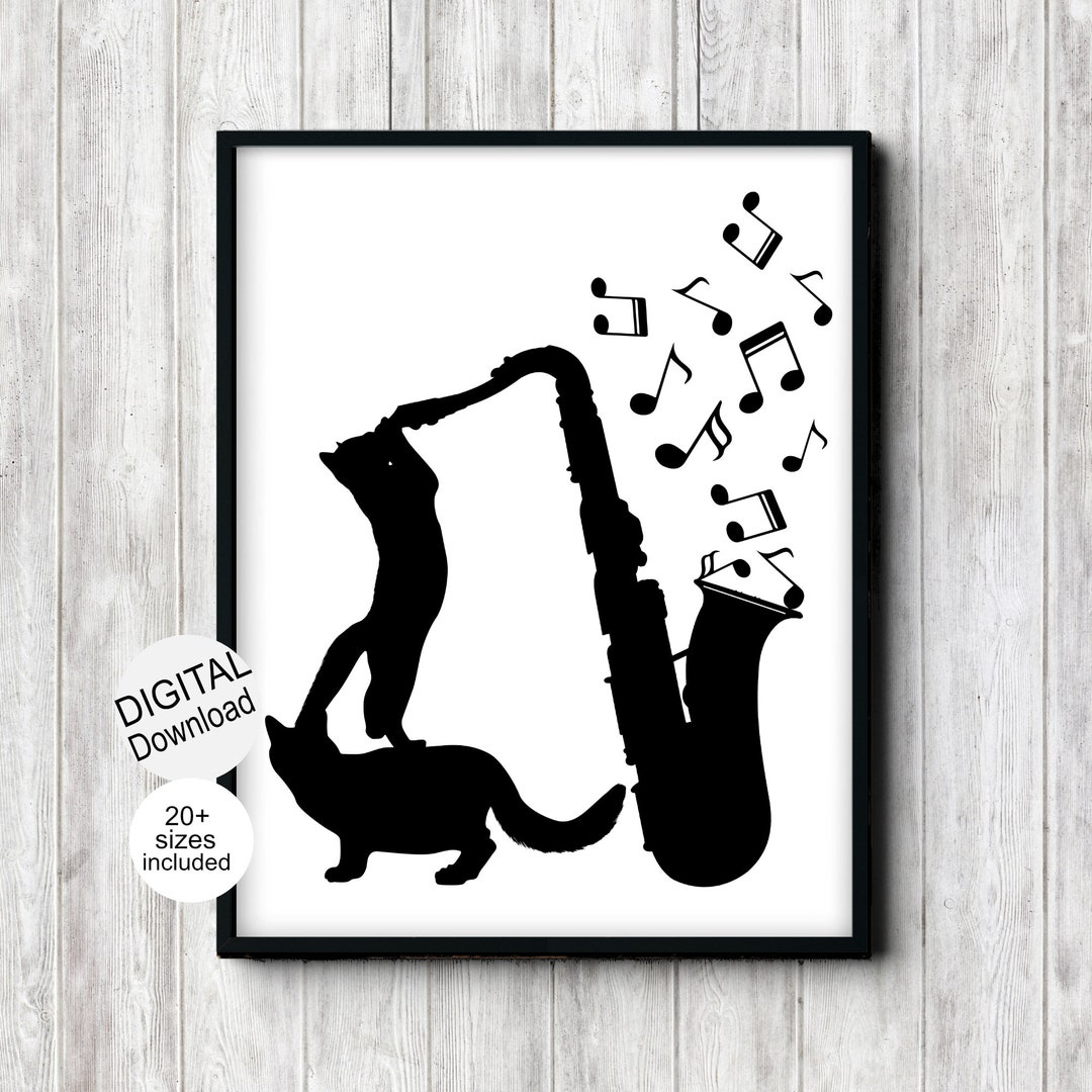 Printable Wall Art of Cats Playing A Saxophone With Music Notes, Quirky ...