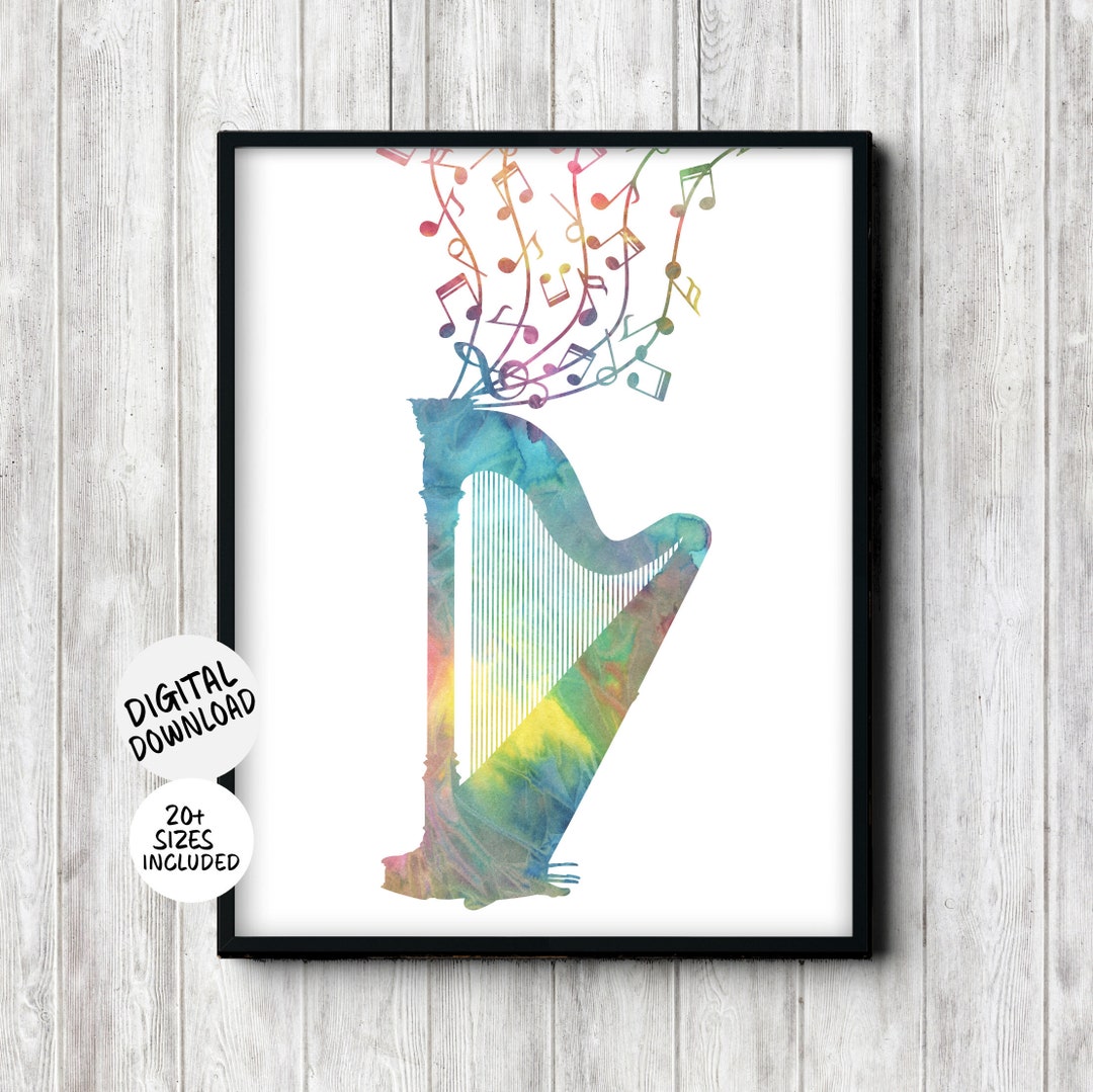 Harp Silhouette With Music Notes Printable Wall Art -classical / Folk ...