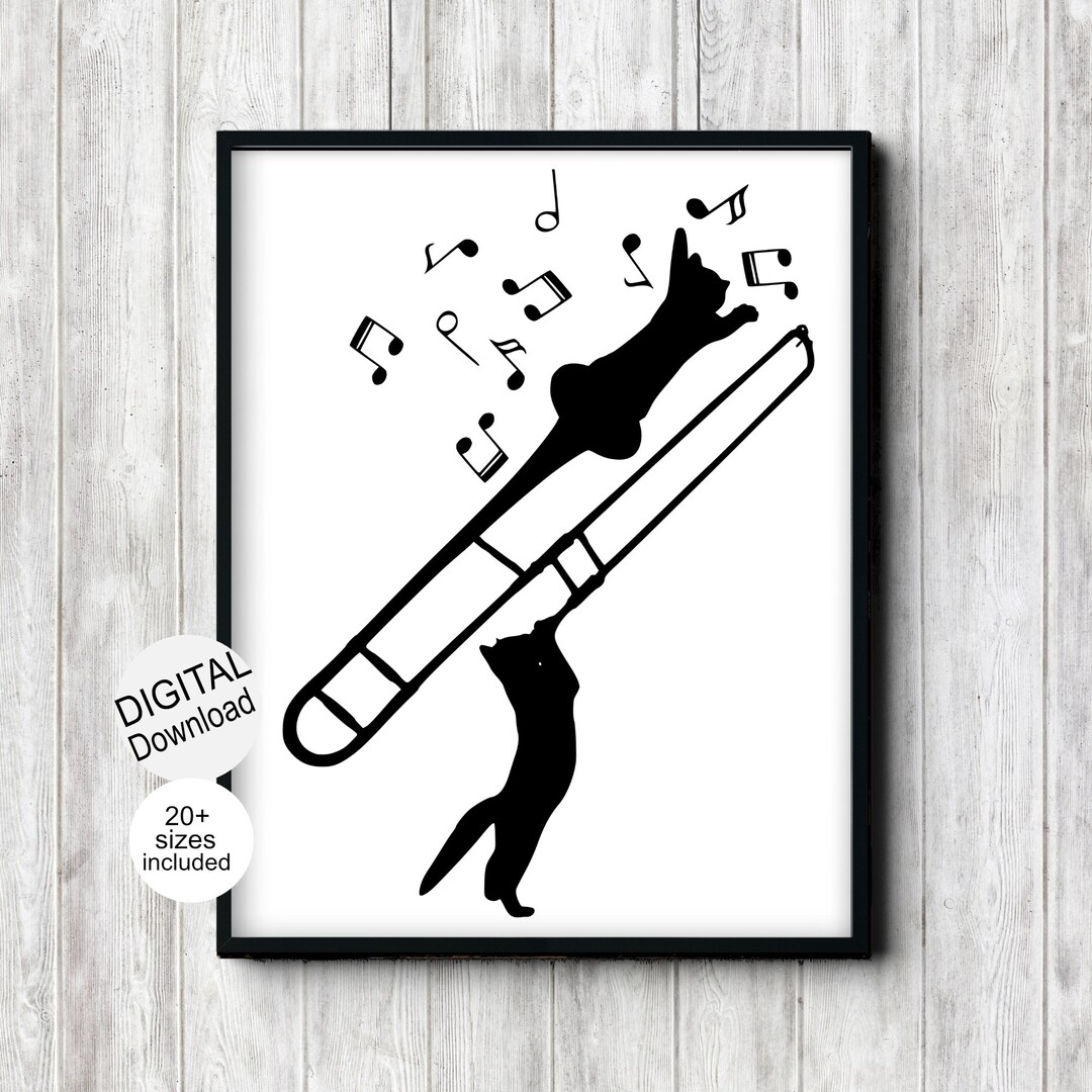 Cats Playing A Trombone With Music Notes Printable Wall Art, Quirky ...